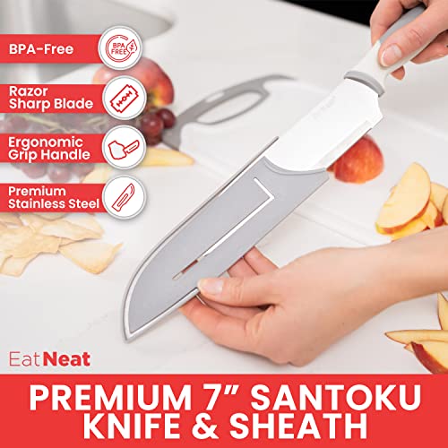 EatNeat 5 pc Cutting Board and Kitchen Knife Set - Premium Plastic Cutting Boards and Kitchen Knife Set, Home Essentials Kit Includes Stainless Steel Santoku Knife With Sheath and 3 Chopping Boards