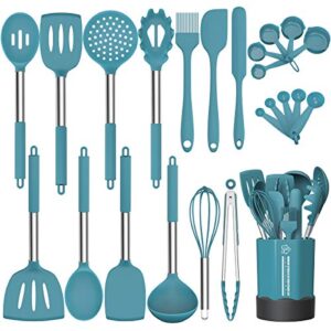 silicone cooking utensil set, fungun non-stick kitchen utensil 24 pcs cooking utensils set, heat resistant cookware, silicone kitchen tools gift with stainless steel handle (blue-24pcs）