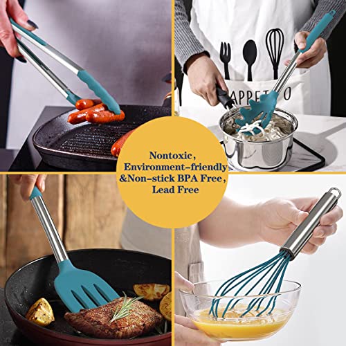 Silicone Cooking Utensil Set, Fungun Non-stick Kitchen Utensil 24 Pcs Cooking Utensils Set, Heat Resistant Cookware, Silicone Kitchen Tools Gift with Stainless Steel Handle (Blue-24pcs）