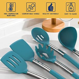 Silicone Cooking Utensil Set, Fungun Non-stick Kitchen Utensil 24 Pcs Cooking Utensils Set, Heat Resistant Cookware, Silicone Kitchen Tools Gift with Stainless Steel Handle (Blue-24pcs）