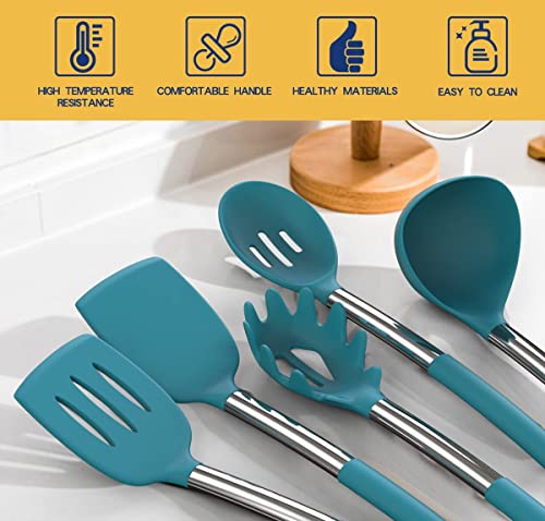 Silicone Cooking Utensil Set, Fungun Non-stick Kitchen Utensil 24 Pcs Cooking Utensils Set, Heat Resistant Cookware, Silicone Kitchen Tools Gift with Stainless Steel Handle (Blue-24pcs）