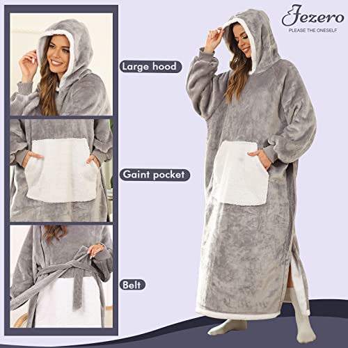 Jezero Wearable Blanket Hoodie Oversized, Flannel Sherpa Fleece Blanket Sweatshirt for Adults Women Men with Hood, Belt, Pocket & Sleeves, One Size Fits All