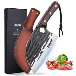 huusk japan knives, upgraded serbian chef knife japanese meat cleaver knife for meat cutting forged butcher knife with sheath kitchen knives full tang chopping knife for home, outdoor cooking, camping