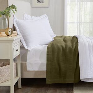 Great Bay Home 100% Cotton Olive Waffle Weave King Blanket | Lightweight and Breathable | Soft Versatile Dark Green Bed Blanket | Perfect for Layering Cotton Blanket | Hazel Collection