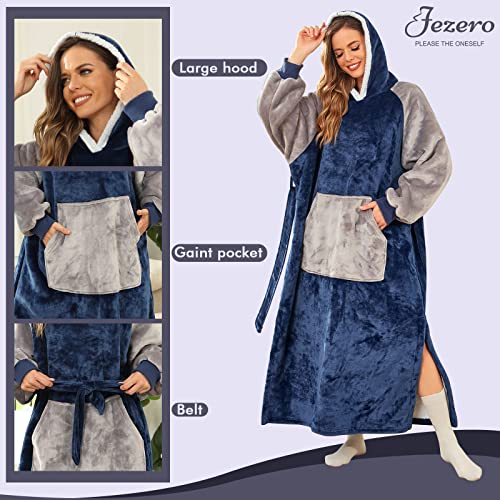 Jezero Wearable Blanket Hoodie Oversized, Flannel Sherpa Fleece Blanket Sweatshirt for Adults Women Men with Hood, Belt, Pocket & Sleeves, One Size Fits All