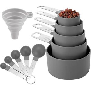 measuring cups and spoons set of huygens kitchen gadgets 10 pieces, stackable stainless steel handle measuring cups for measuring dry and liquid ingredient (gray)