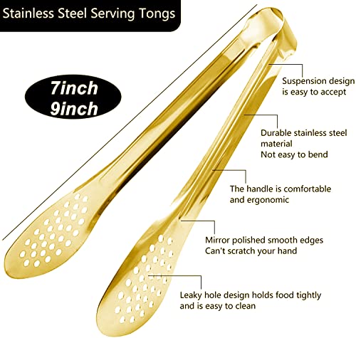 4 Pack Buffet Tongs,Stainless Steel Serving Tongs Serving Utensils Gold(7Inch,9.1Inch)