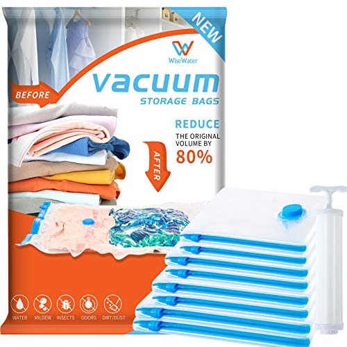 WISEWATER 10PCS Vacuum Storage Bags（2 x Jumbo, 2x Large, 2 x Medium, 2x Small，1x 3D，1x hand roll）Space Saving Bags with Travel Hand Pump（10pcs）