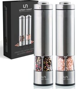 electric salt and pepper grinder set - battery operated stainless steel mill with light (2 mills) - automatic one handed operation - electronic adjustable shakers - ceramic grinders