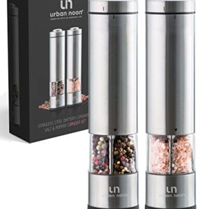 Electric Salt and Pepper Grinder Set - Battery Operated Stainless Steel Mill with Light (2 Mills) - Automatic One Handed Operation - Electronic Adjustable Shakers - Ceramic Grinders