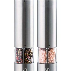 Electric Salt and Pepper Grinder Set - Battery Operated Stainless Steel Mill with Light (2 Mills) - Automatic One Handed Operation - Electronic Adjustable Shakers - Ceramic Grinders