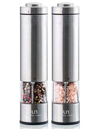 Electric Salt and Pepper Grinder Set - Battery Operated Stainless Steel Mill with Light (2 Mills) - Automatic One Handed Operation - Electronic Adjustable Shakers - Ceramic Grinders