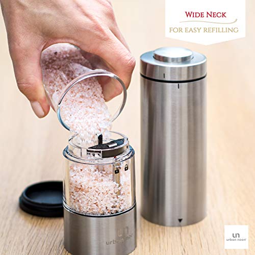 Electric Salt and Pepper Grinder Set - Battery Operated Stainless Steel Mill with Light (2 Mills) - Automatic One Handed Operation - Electronic Adjustable Shakers - Ceramic Grinders