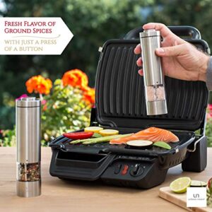 Electric Salt and Pepper Grinder Set - Battery Operated Stainless Steel Mill with Light (2 Mills) - Automatic One Handed Operation - Electronic Adjustable Shakers - Ceramic Grinders