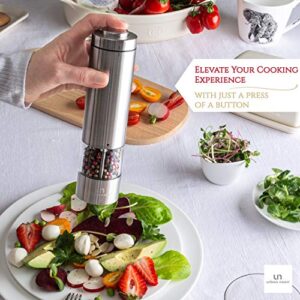 Electric Salt and Pepper Grinder Set - Battery Operated Stainless Steel Mill with Light (2 Mills) - Automatic One Handed Operation - Electronic Adjustable Shakers - Ceramic Grinders