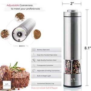 Electric Salt and Pepper Grinder Set - Battery Operated Stainless Steel Mill with Light (2 Mills) - Automatic One Handed Operation - Electronic Adjustable Shakers - Ceramic Grinders