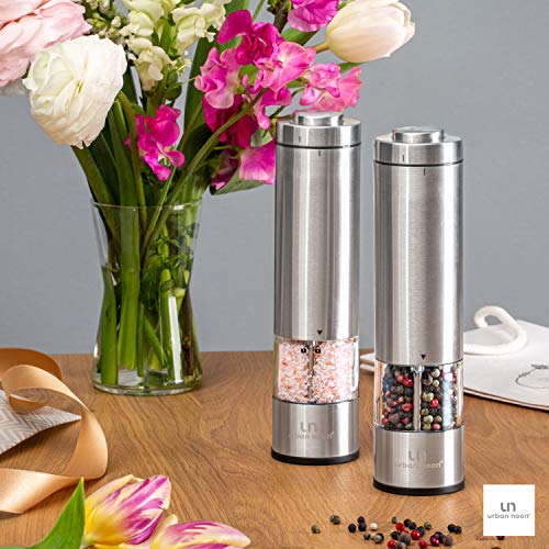 Electric Salt and Pepper Grinder Set - Battery Operated Stainless Steel Mill with Light (2 Mills) - Automatic One Handed Operation - Electronic Adjustable Shakers - Ceramic Grinders