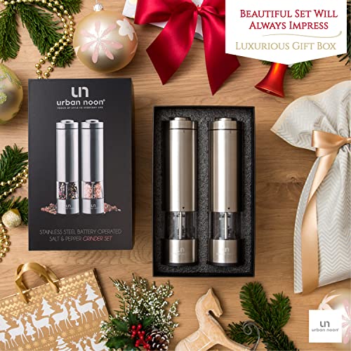 Electric Salt and Pepper Grinder Set - Battery Operated Stainless Steel Mill with Light (2 Mills) - Automatic One Handed Operation - Electronic Adjustable Shakers - Ceramic Grinders