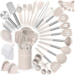 umite chef silicone kitchen cooking utensil set, 43 pcs silicone kitchen spatula utensils set with stainless steel handle, non-stick heat resistant - best kitchen cookware set-(khaki)