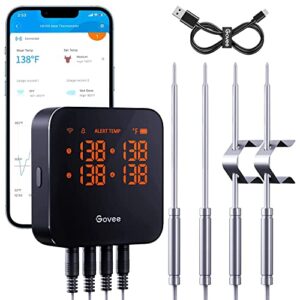 govee wifi meat thermometer, wireless meat thermometer with 4 probe, smart bluetooth grill thermometer with remote app notification alert, digital rechargeable bbq thermometer for smoker oven kitchen