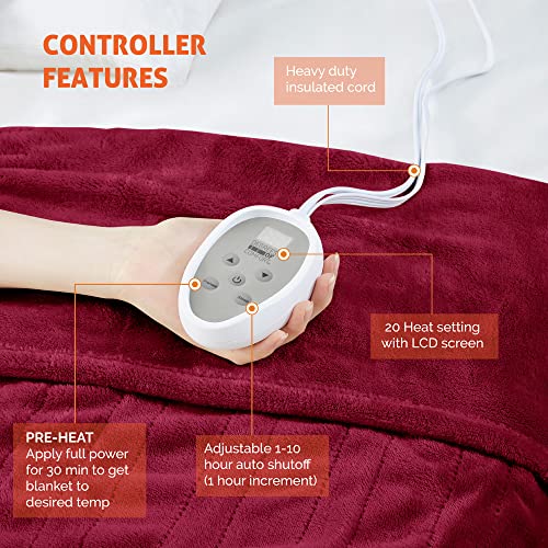 Degrees of Comfort Electric Blanket Queen Size | Heated Blankets with Dual Control | Auto Shut Off, 20 Heating Levels, Machine Washable, Red, 84Wx90L