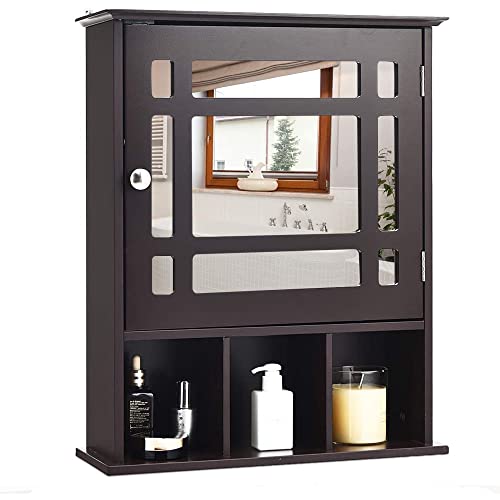 Wooden Bathroom Wall Cabinet Medicine Cabinet Storage Organizer with Mirror Door and Adjustable Shelf, Espresso Finish (White)