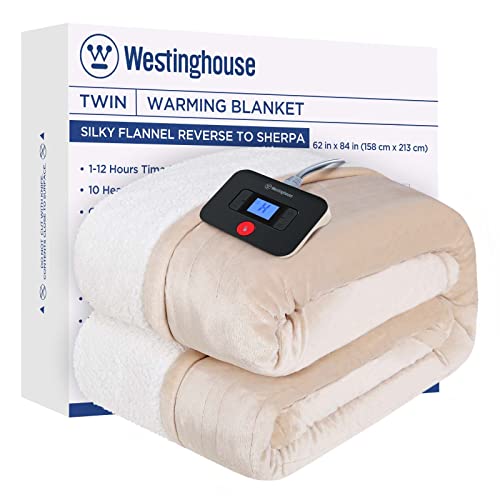 Westinghouse Electric Blanket Heated Blanket | 10 Heating Levels & 1 to 12 Hours Heating Time Settings | Flannel to Sherpa Reversible 62x84 Twin Size | Machine Washable, Beige