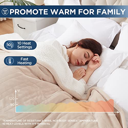 Westinghouse Electric Blanket Heated Blanket | 10 Heating Levels & 1 to 12 Hours Heating Time Settings | Flannel to Sherpa Reversible 62x84 Twin Size | Machine Washable, Beige