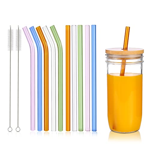 RENYIH 10 Pcs Reusable Glass Drinking Straws,9.05''x10 mm Colorful Glass Straws for Beverages,Milkshakes,Tea, Juice,Set of 5 Straight and 5 Bent with 2 Cleaning Brushes -Dishwasher Safe