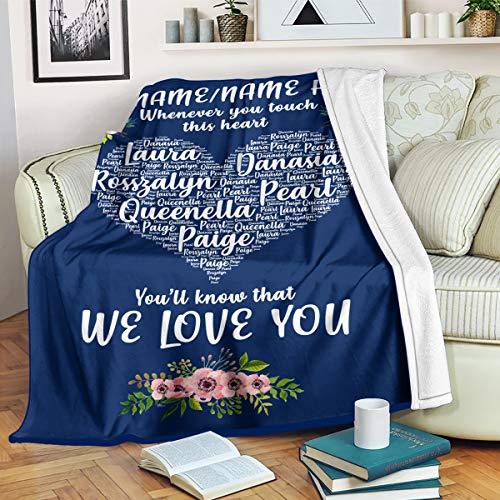 Personalized Custom Kids Grandkids Names for Dad Mom Grandma Nana Grandpa Nana Customized Christmas Holiday Fleece Sherpa Blanket Bed Throw Tapestry Wall Hanging (Navy - Touch Heart, Fleece - 50x60)