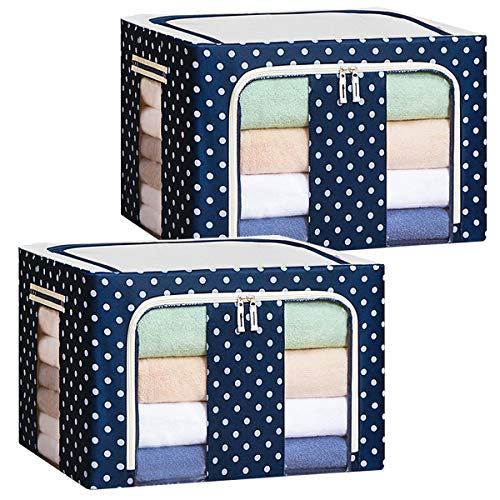 Storage Bags For Clothes 26.42gal 2Pcs Foldable Storage Cubes Boxes With Lids Sturdy Zipper Clear Window and Reinforced Handles for Blanket Clothing Sweater Pillow Underbed Storage Bags (23.6''×16.5''×15.7'', Blue)