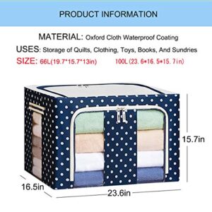 Storage Bags For Clothes 26.42gal 2Pcs Foldable Storage Cubes Boxes With Lids Sturdy Zipper Clear Window and Reinforced Handles for Blanket Clothing Sweater Pillow Underbed Storage Bags (23.6''×16.5''×15.7'', Blue)