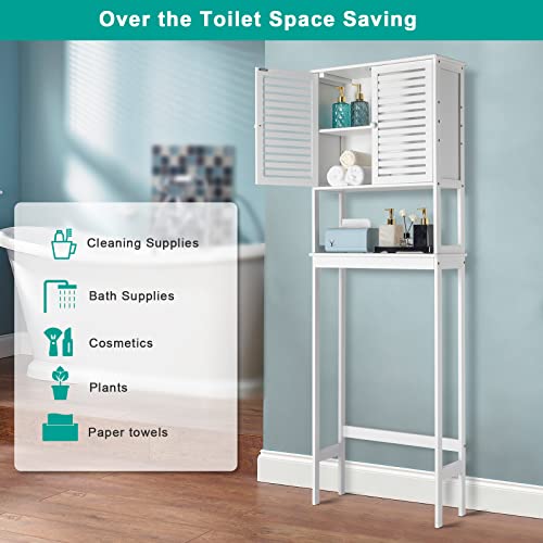 Imseigo Over The Toilet Storage Cabinet, Bathroom Organizer with Adjustable Inside Shelf and Bottom Stabilizer Bar, Space-Saving Toilet Rack (White)