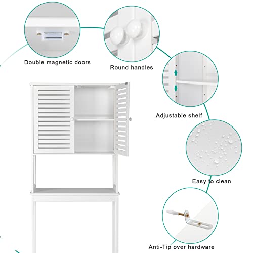 Imseigo Over The Toilet Storage Cabinet, Bathroom Organizer with Adjustable Inside Shelf and Bottom Stabilizer Bar, Space-Saving Toilet Rack (White)