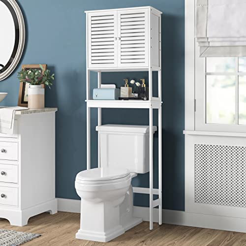 Imseigo Over The Toilet Storage Cabinet, Bathroom Organizer with Adjustable Inside Shelf and Bottom Stabilizer Bar, Space-Saving Toilet Rack (White)