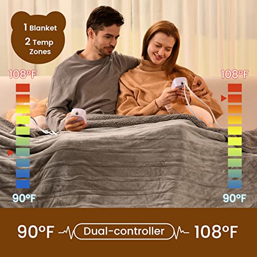 Bearhug Electric Blanket King Size 100" x 90", Dual Controller Heated Blanket, Velvet & Sherpa, 10-Heat Levels & 1-12H Auto Off, 5 Year Warranty, Over-Heat Protect, ETL, Machine Washable