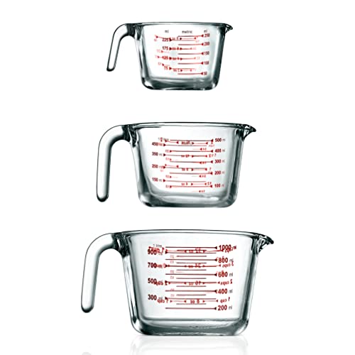 NutriChef 3 Pieces Measuring Cups - BPA-Free Premium Heat Resistant Borosilicate Glass Measuring Cups w/ Handle, Precise Measurement w/ Oz & Ml Scale, in 250ml 500ml & 1000ml, Microwave & Oven Safe