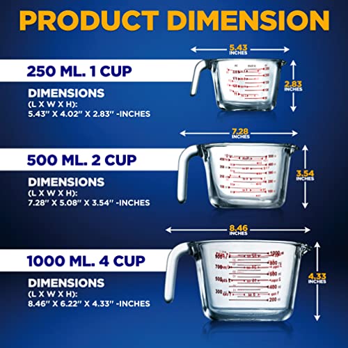 NutriChef 3 Pieces Measuring Cups - BPA-Free Premium Heat Resistant Borosilicate Glass Measuring Cups w/ Handle, Precise Measurement w/ Oz & Ml Scale, in 250ml 500ml & 1000ml, Microwave & Oven Safe