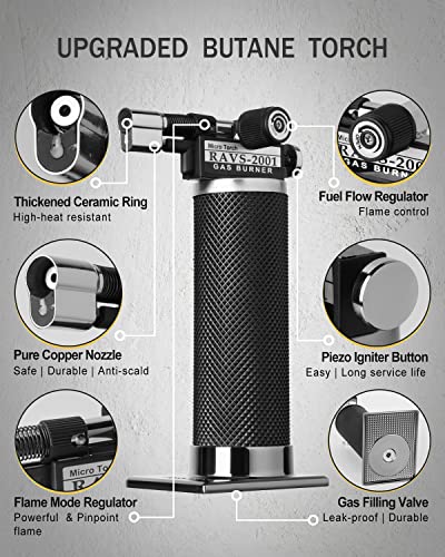 ravs Butane Torch Lighter with DUAL Flame Mode, Refillable Kitchen Torch Lighter Cooking Torch, Blow Torch with Safety Lock and Adjustable Flame, Soldering Torch for Welding, Resin Art, Industrial