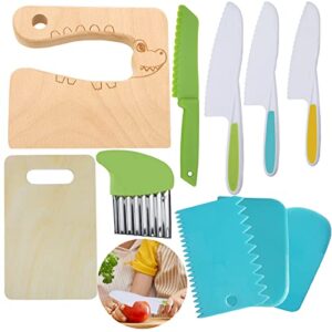 10 pieces wooden kids kitchen knife set, include wood kids knife plastic potato slicers cooking knives children's safe knifes cake scraper kids cute rectangle cutting board