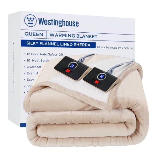 Westinghouse Heated Blanket Queen Size, Electric Throw Blanket with 10 Heating Levels, 12 Hours Auto Off, Overheat Protection, Machine Washable, Flannel to Sherpa (Queen, 84x90 Inches, Beige&Ivory)