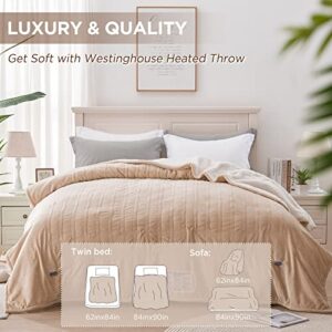 Westinghouse Heated Blanket Queen Size, Electric Throw Blanket with 10 Heating Levels, 12 Hours Auto Off, Overheat Protection, Machine Washable, Flannel to Sherpa (Queen, 84x90 Inches, Beige&Ivory)