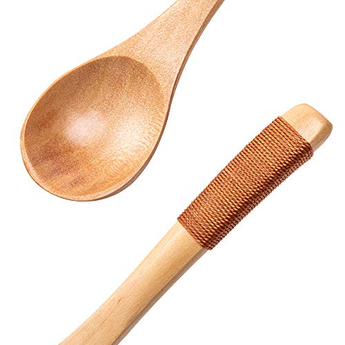 sansheng 4 Pcs Mini Wooden Spoons, Wood Soup Spoons for Eating Mixing Stirring Cooking, Handle Spoon with Japanese Style Kitchen Utensil, with Tied Line on Handle(13cm)