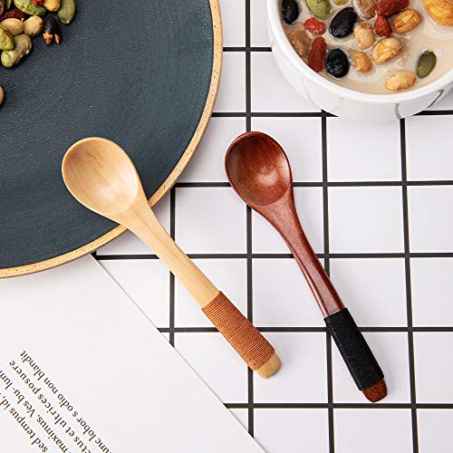 sansheng 4 Pcs Mini Wooden Spoons, Wood Soup Spoons for Eating Mixing Stirring Cooking, Handle Spoon with Japanese Style Kitchen Utensil, with Tied Line on Handle(13cm)