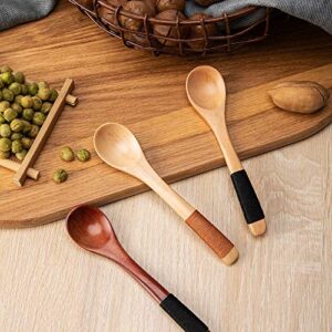 sansheng 4 Pcs Mini Wooden Spoons, Wood Soup Spoons for Eating Mixing Stirring Cooking, Handle Spoon with Japanese Style Kitchen Utensil, with Tied Line on Handle(13cm)