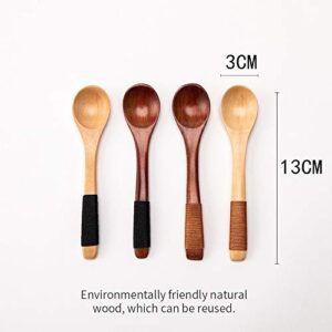 sansheng 4 Pcs Mini Wooden Spoons, Wood Soup Spoons for Eating Mixing Stirring Cooking, Handle Spoon with Japanese Style Kitchen Utensil, with Tied Line on Handle(13cm)