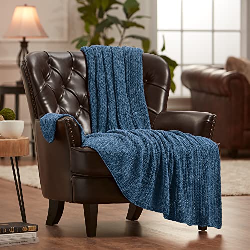 Chanasya Chenille Knit Super Soft Velvety Texture Throw Blanket - Cozy Classy Elegant Decorative with Subtle Shimmer for Sofa Chair Couch Bed Living Bed Room Blanket -(50x65 Inches) Blue