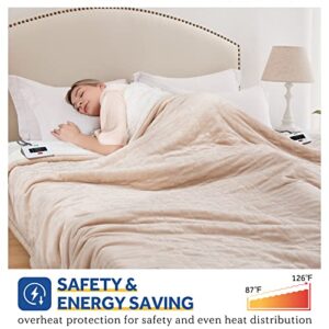 SEALY Electric Blanket Queen Size, Flannel & Sherpa Heated Blanket with 10 Heat Setting & 1-12 Hour Auto Shut Off, Fast Heating Blanket, Machine Washable, Beige, 84 x 90 Inch