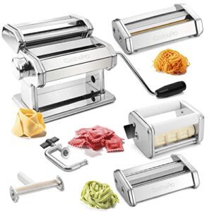 pasta maker deluxe set 5 pc steel machine w spaghetti fettuccini roller angel hair ravioli noodle lasagnette cutter attachments, hand crank & clamp- premium quality for homemade italian dinner cooking