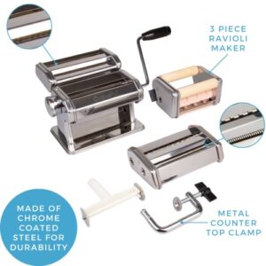 Pasta Maker Deluxe Set 5 pc Steel Machine w Spaghetti Fettuccini Roller Angel Hair Ravioli Noodle Lasagnette Cutter Attachments, Hand Crank & Clamp- Premium Quality for Homemade Italian Dinner Cooking